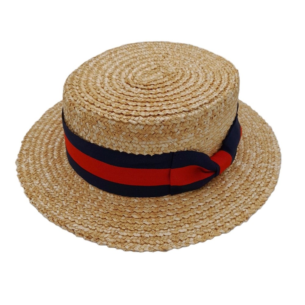 Straw Boater Hat Striped Band | Blue Red Blue