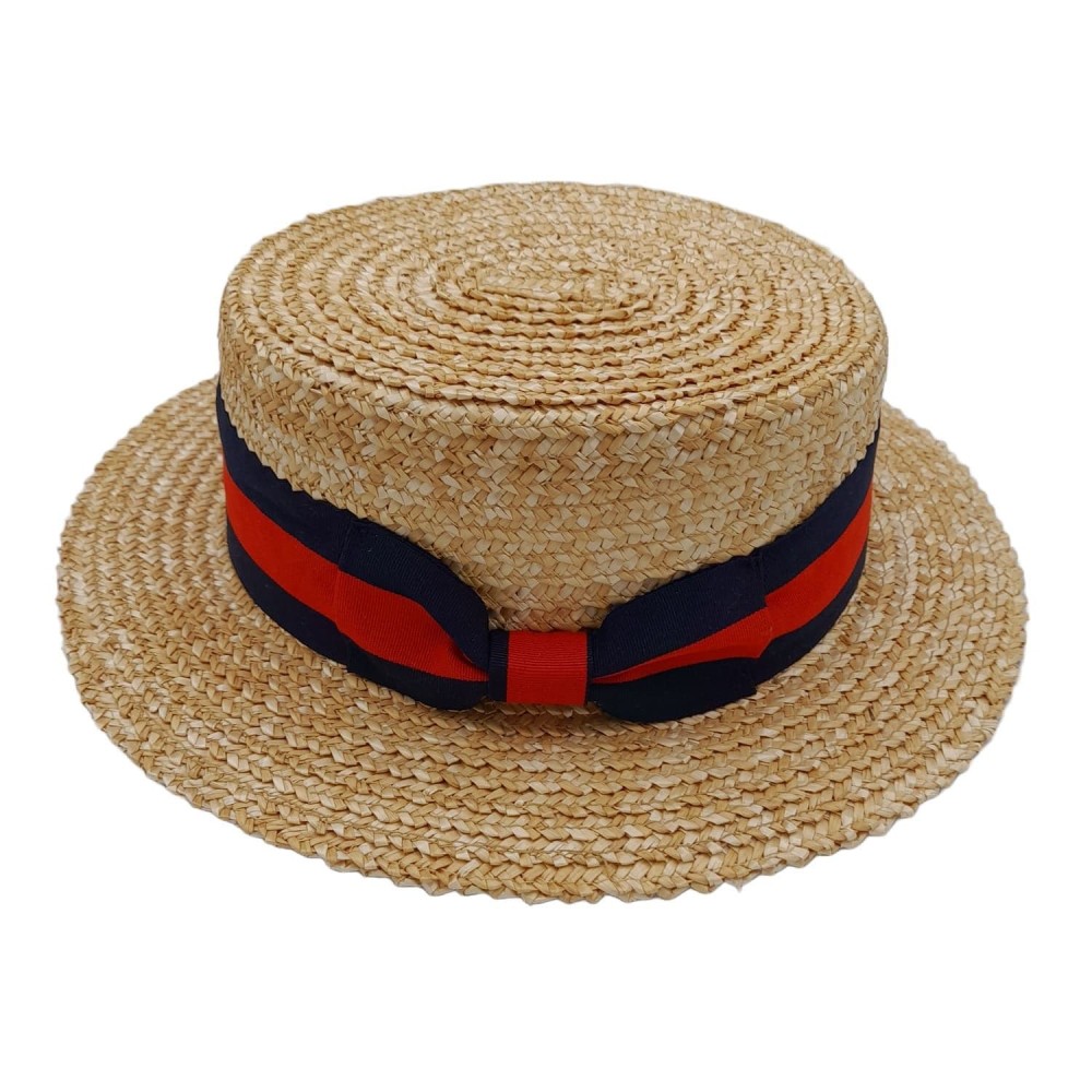 Straw Boater Hat Striped Band | Blue Red Blue